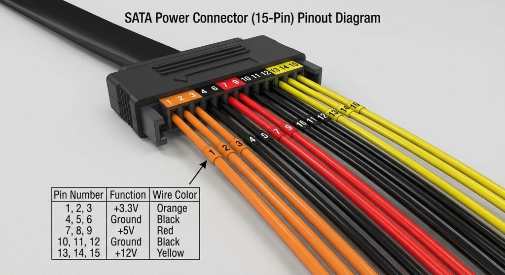 SATA power cable wire color codes and pinout | Rotating USB Cable