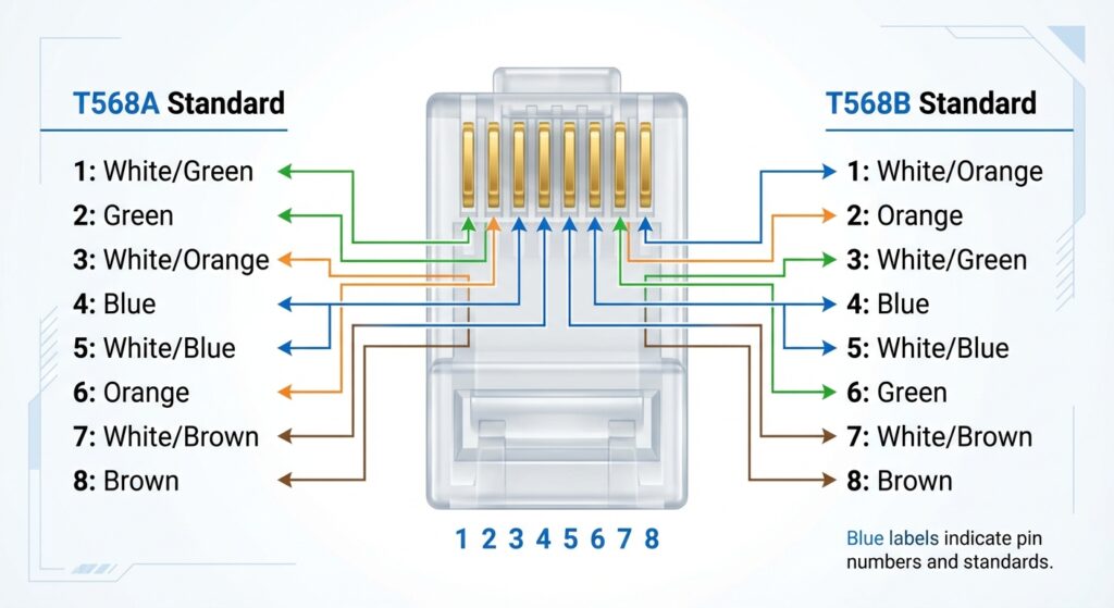 RJ45 connector pinout color codes chart | Rotating USB Cable