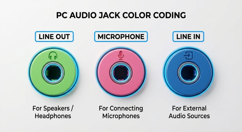 Audio jack color codes for PC speakers and mics | Rotating USB Cable